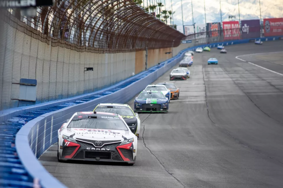 Denny Hamlin leads Toyota at Auto Club Speedway